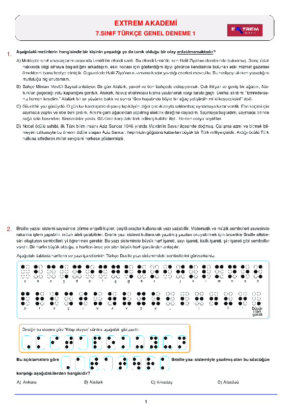 7. Sınıf Türkçe Türkçe Genel Deneme 1 Deneme Sınavı - Derslig